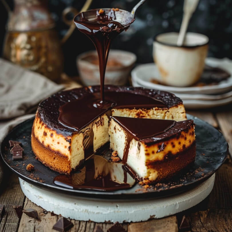 San Sebastian Cheesecake with Chocolate Sauce - Coolinarco.com