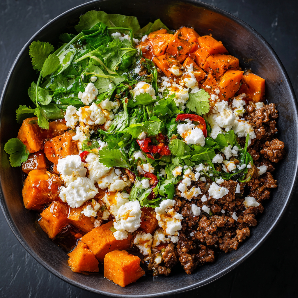 Hot Honey Cottage Cheese Sweet Potato Beef Bowl - Coolinarco.com